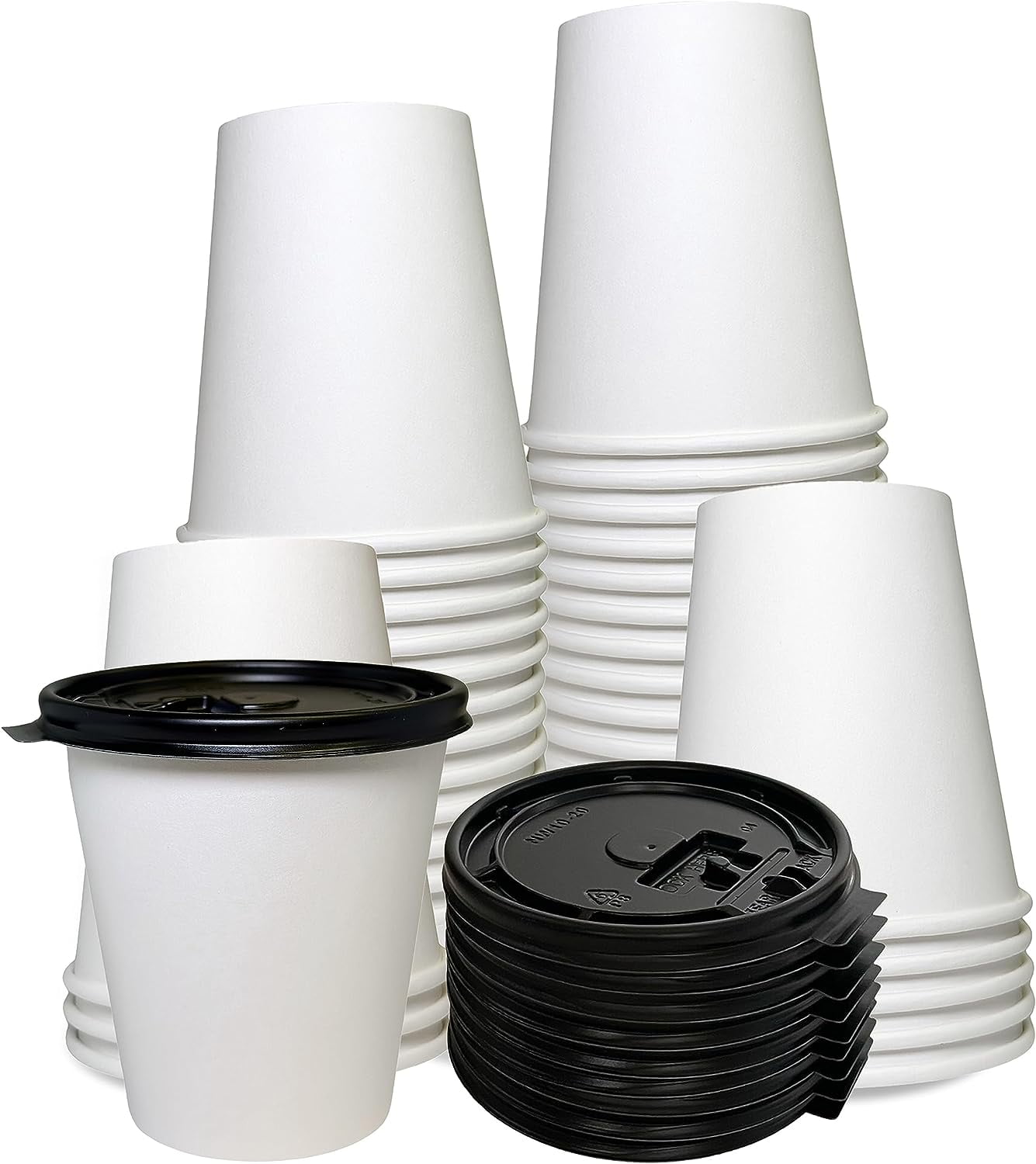 10 oz Disposable White Paper Coffee Cups with Black Flat Lids ...