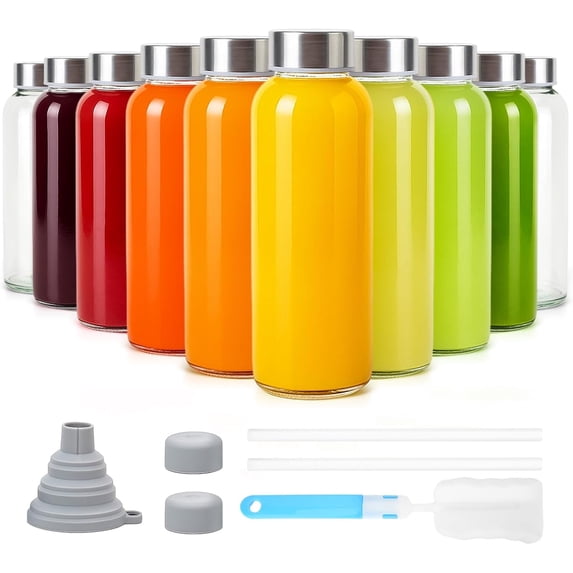 10 oz Glass Juice Bottles, 10 with Stainless - Small Glass Bottles for ...