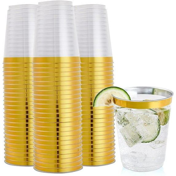 10 oz Gold Plastic Cups, Disposable Clear Fancy Hard Plastic Cups, Gold ...