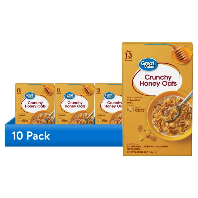 (10 pack) Great Value Crunchy Honey Oats Breakfast Cereal, 18 oz ...