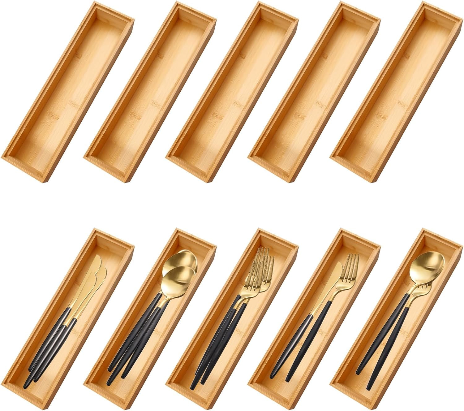 10-pack bamboo drawer organizer, stackable wooden cutlery storage box ...