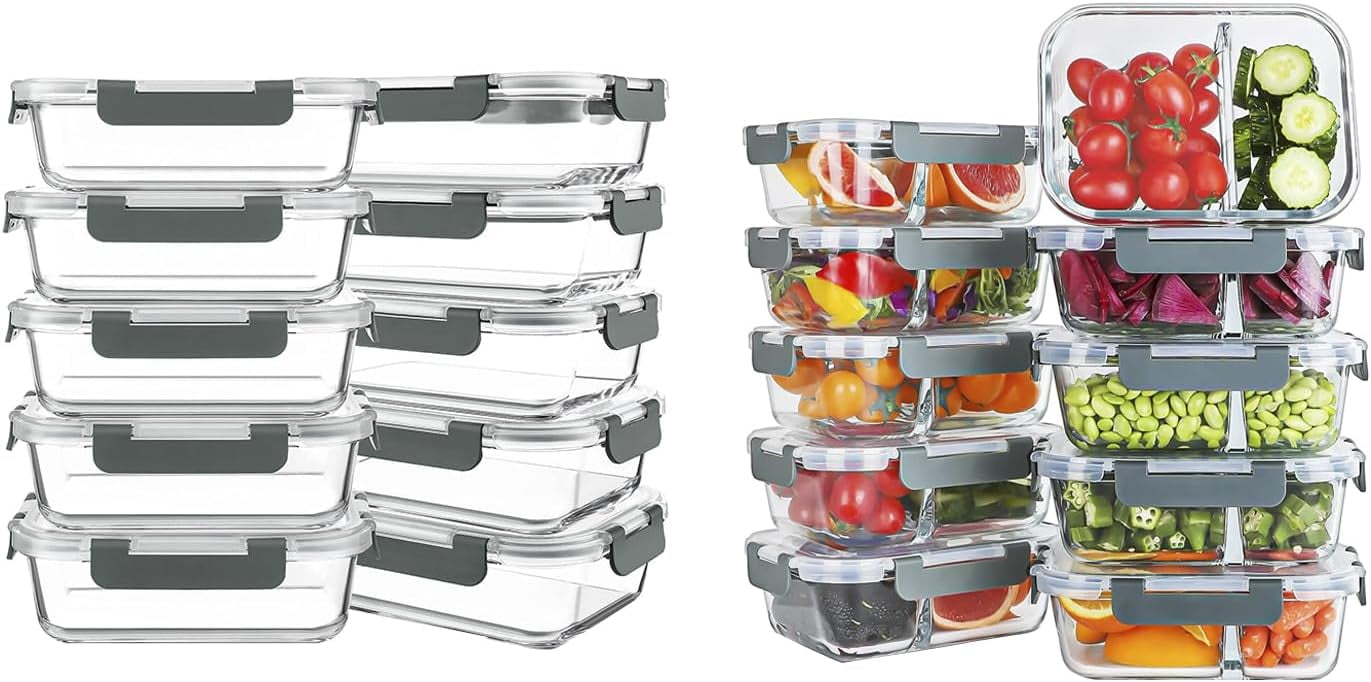 10 packs 30 oz glass meal prep continers set with 1 & 2 compartments ...