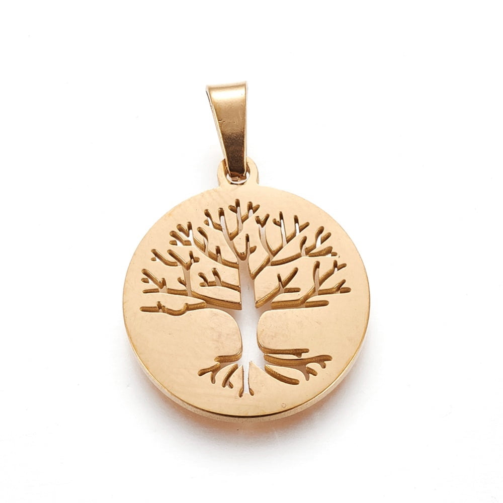 10 pc 304 Stainless Steel Pendants Flat Round with Tree Golden 19~20x16 ...