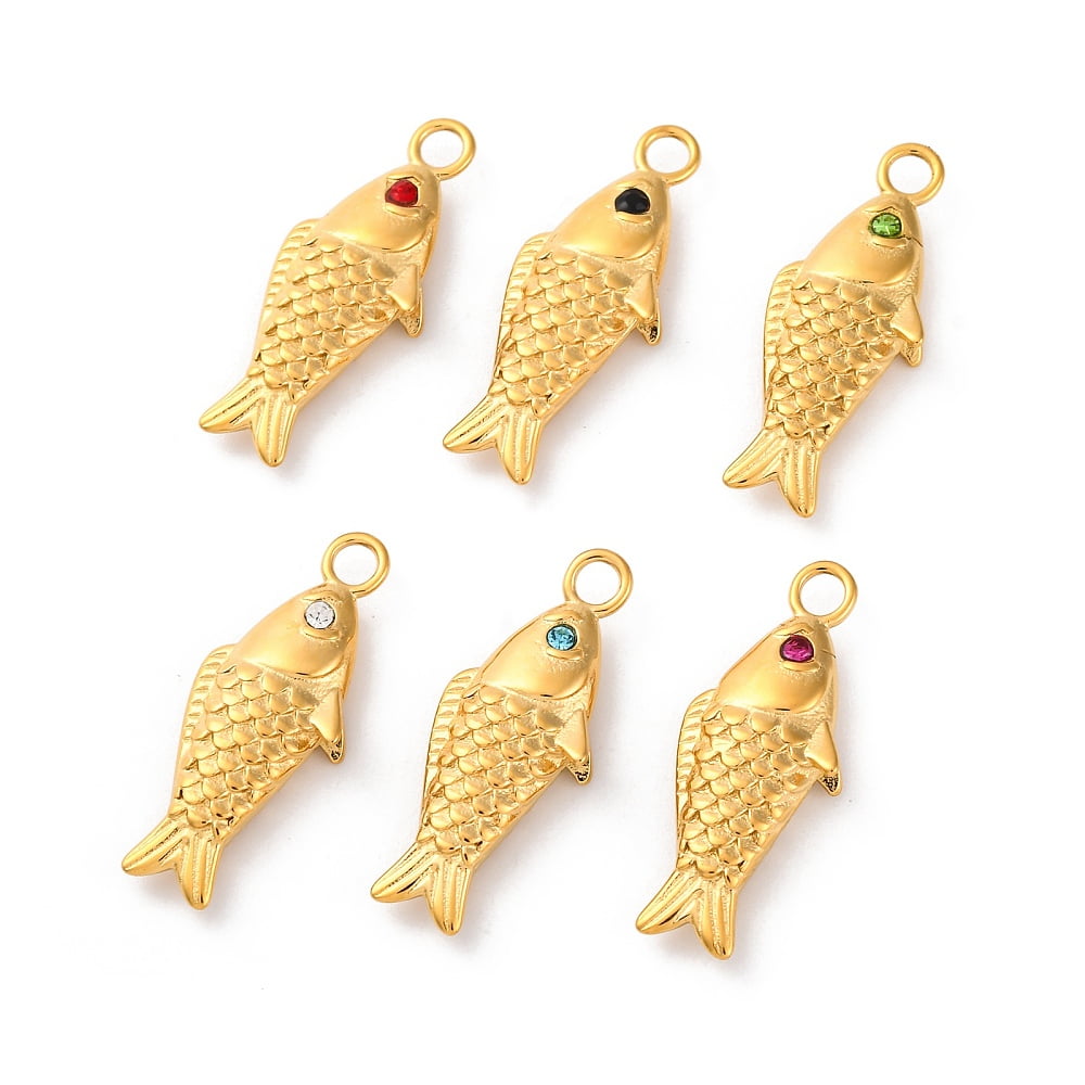 10 pc 304 Stainless Steel Rhinestone Pendants Real 14K golden Plated Fish Charms Ion Plating(IP ...