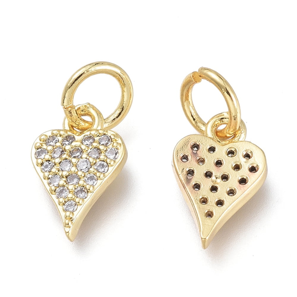 10 pc Brass Micro Pave Clear Cubic Zirconia Charms with Jump Rings Long-Lasting Plated Heart ...
