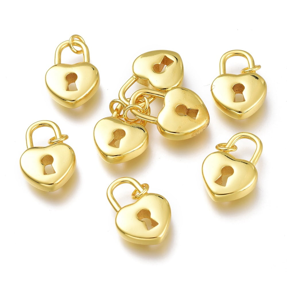 10 pc Brass Padlock Pendants with Jump Rings Long-Lasting Plated Heart ...