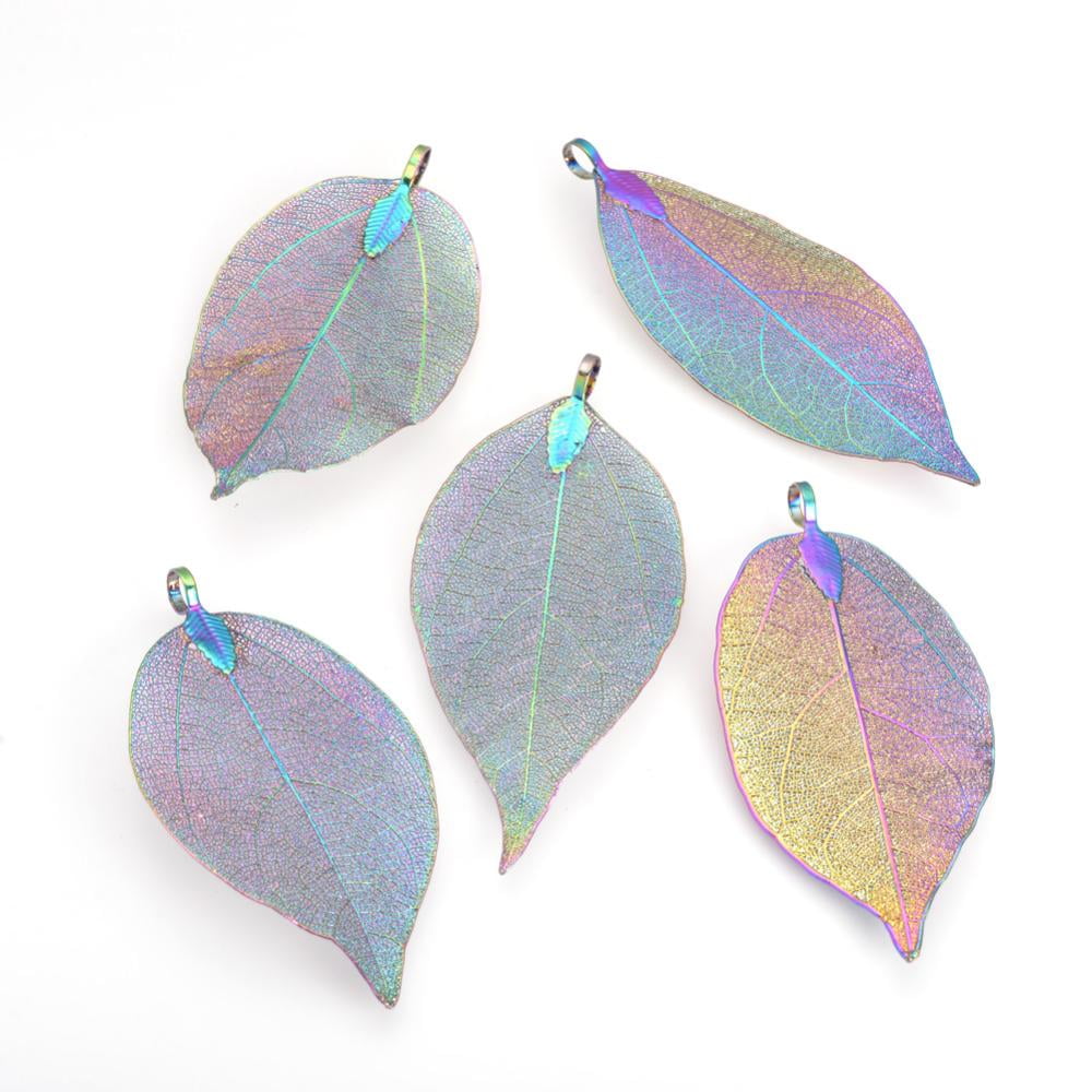 10 pc Electroplated Natural Leaf Big Pendants with Iron Findings Multi ...