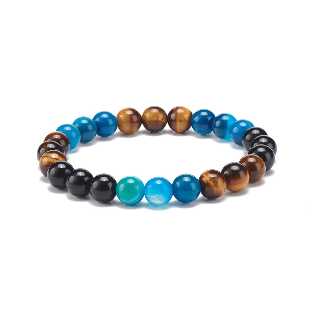 10 pc Natural Agate Tiger Eye Black Onyx Round Beaded Stretch Bracelet ...