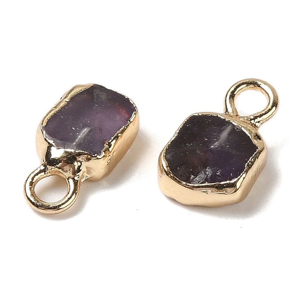 10 pc Natural Amethyst Rectangle Charms with Golden Tone Brass Edge 9 ...