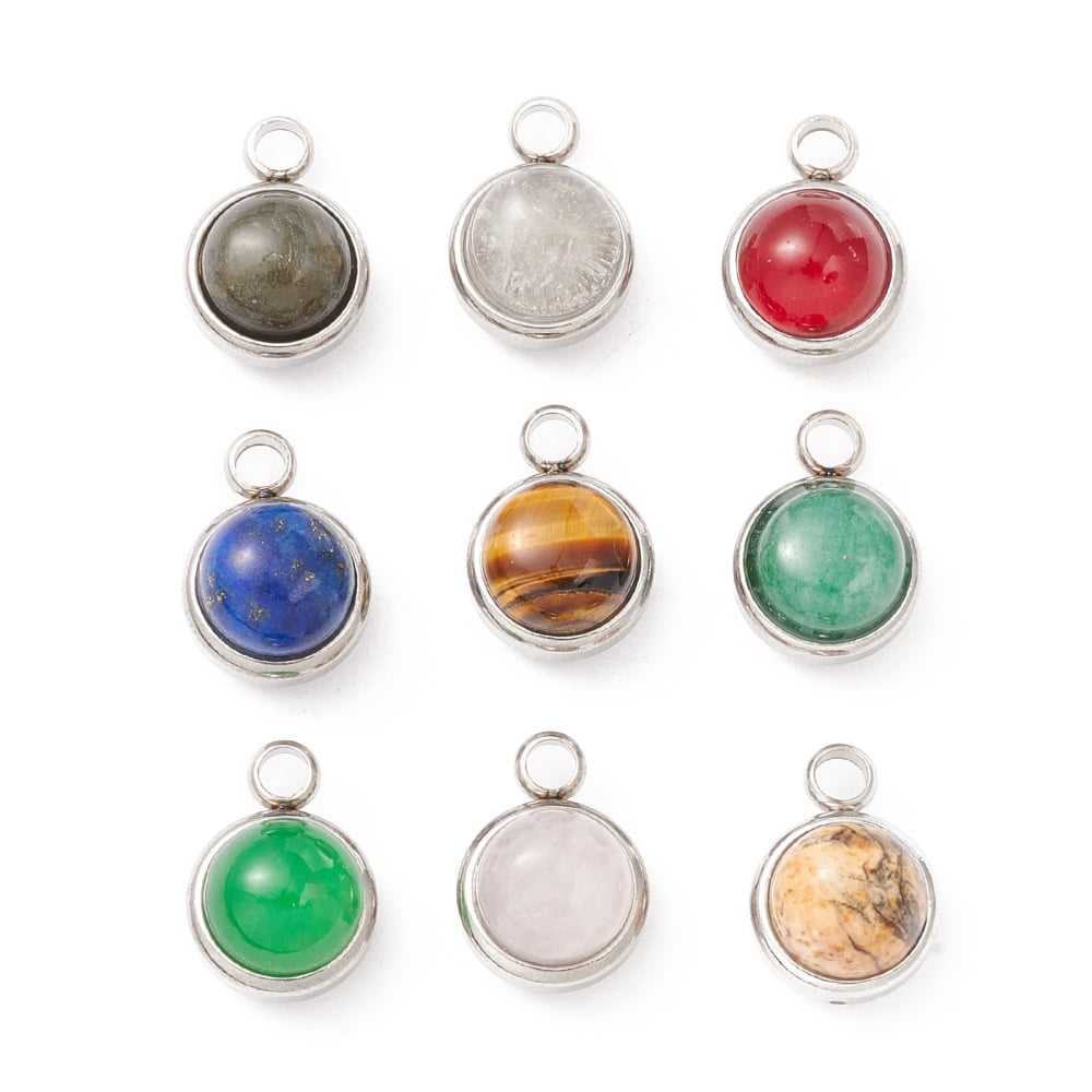 10 pc Natural Mixed Stone Charms with 304 Stainless Steel Findings Half ...