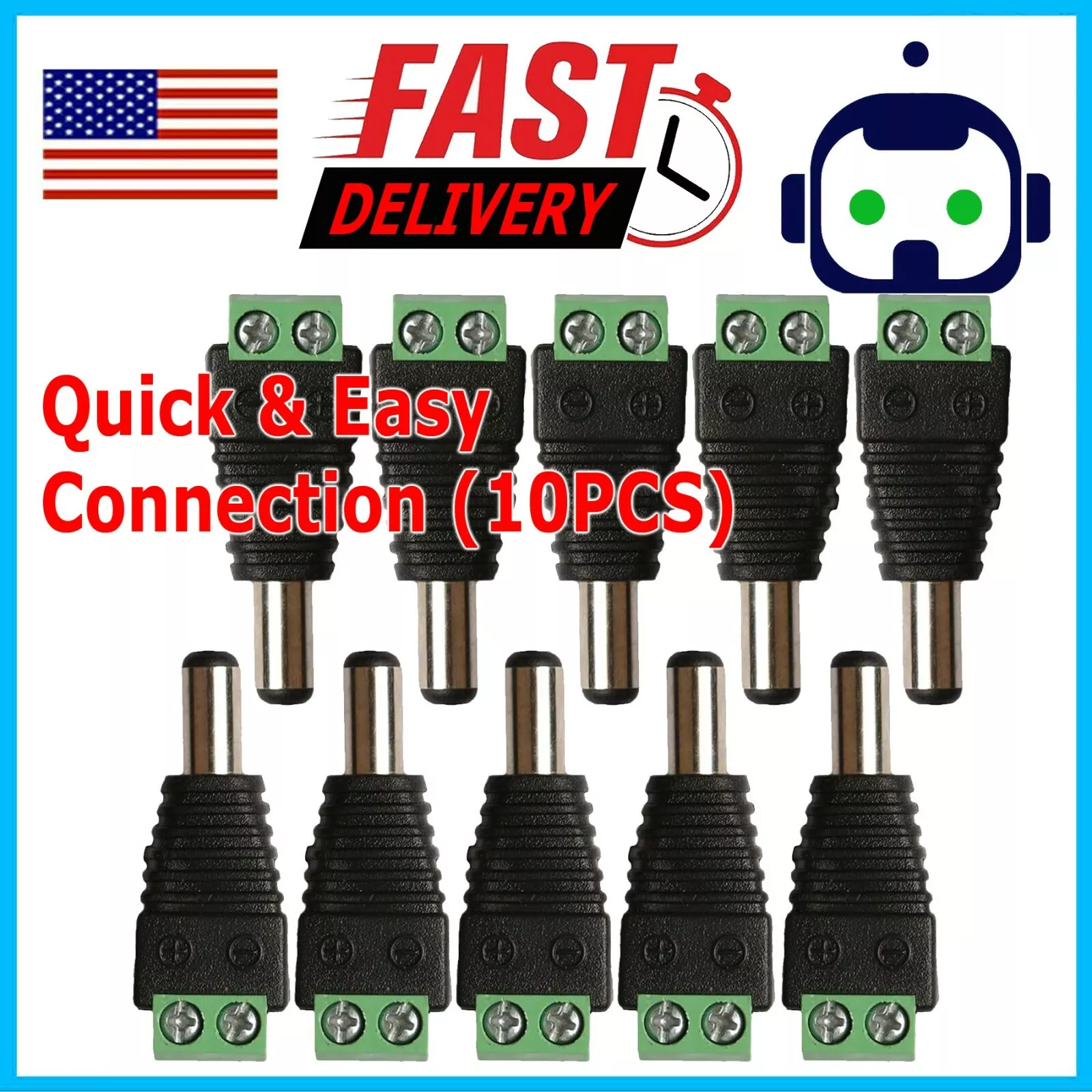 10 pcs 2.1x5.5mm DC Male Power Jack Connector Plug Adapter for CCTV ...