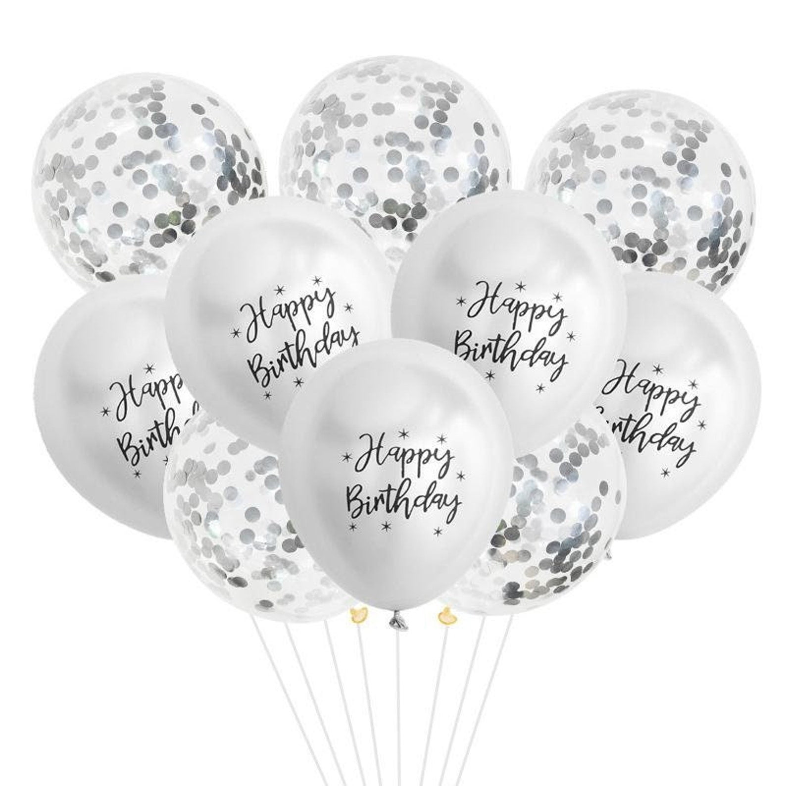 10 pcs Bouquet Latex Balloon Happy Birthday Silver Chrome Confetti ...