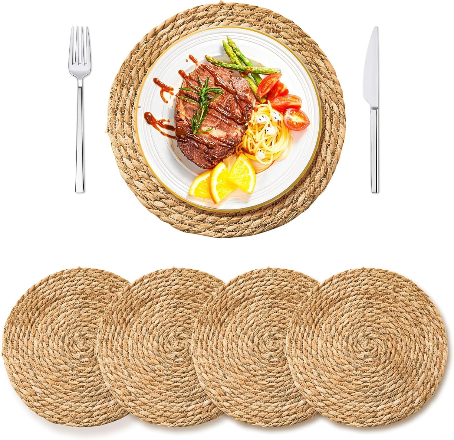 10 piece woven placemat set, 12 inch round rattan placemat, natural ...