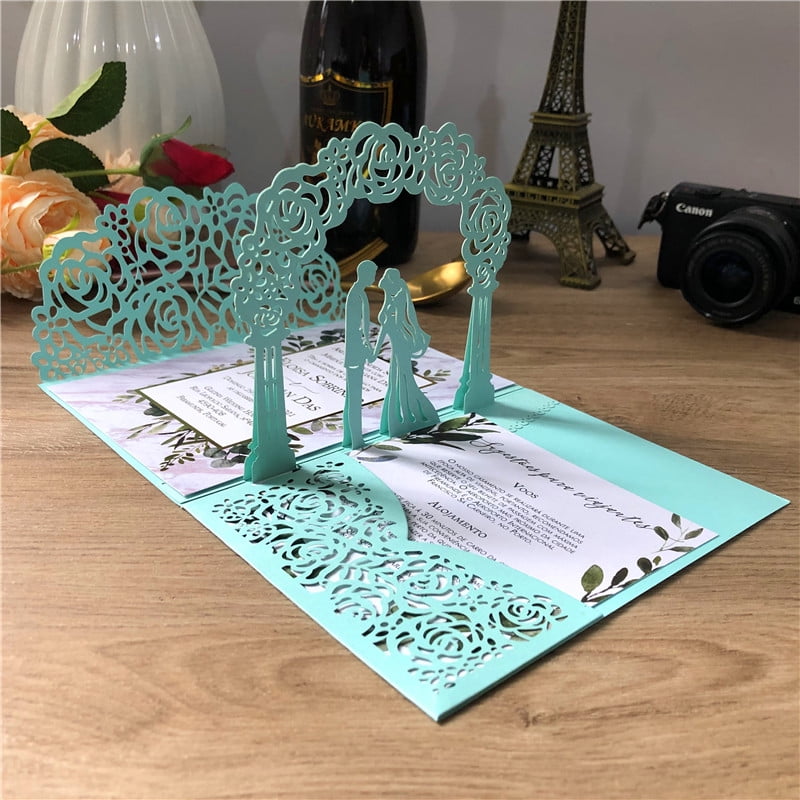 10 pieces 3D Pop-Up Light Blue Wedding Invitation Card, Tri-folded ...