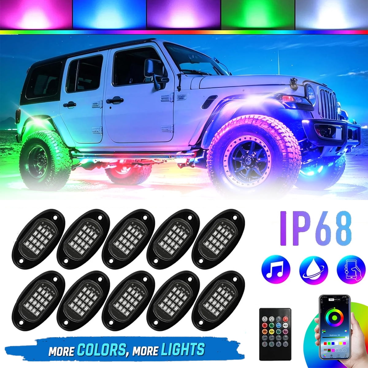 10 pod RGB LED Rock Lights for Jeep Truck, Golf Cart, SUV, ATV, UTV ...