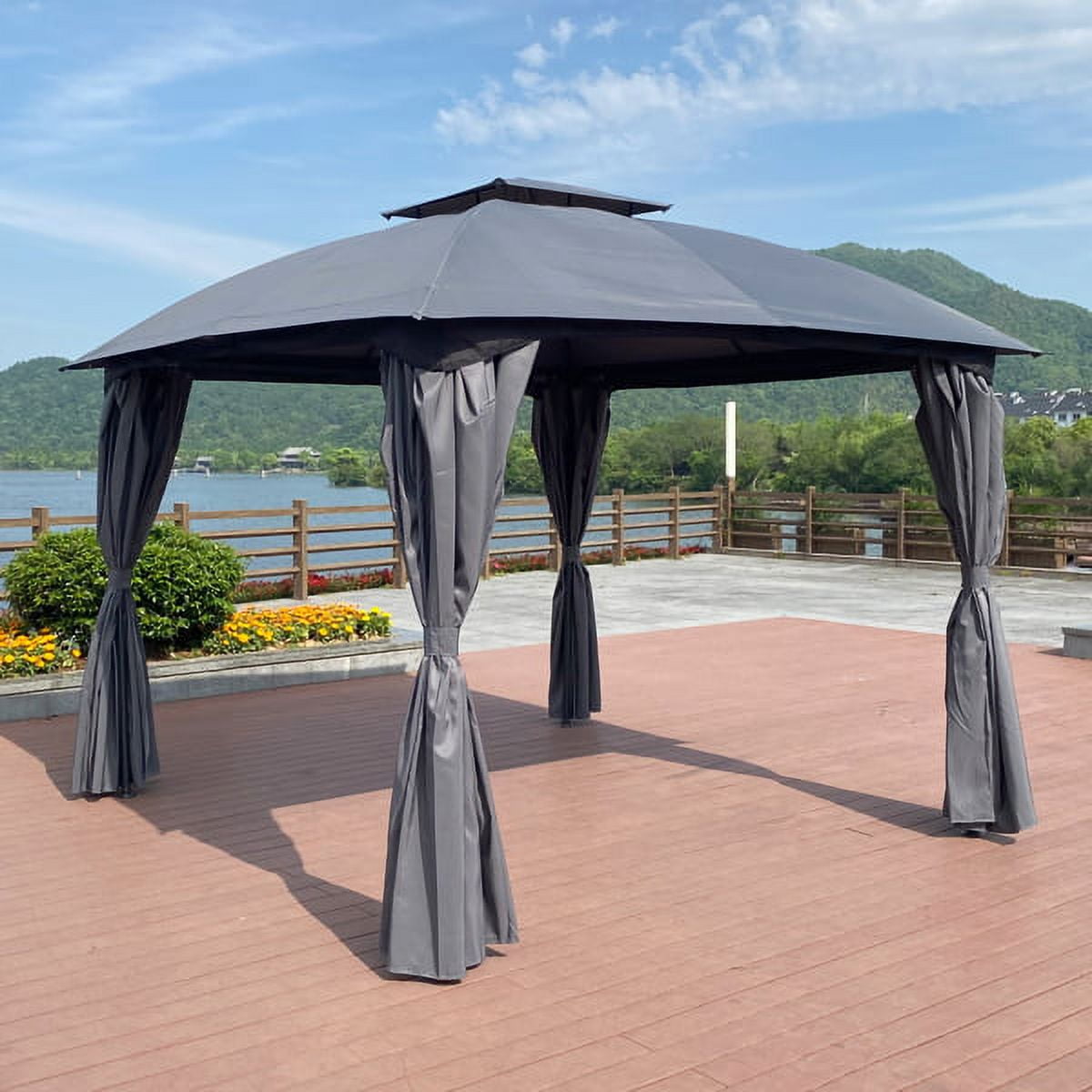 10 x 10 Ft Outdoor Patio Garden Gazebo Canopy With Curtains,Grey Top ...