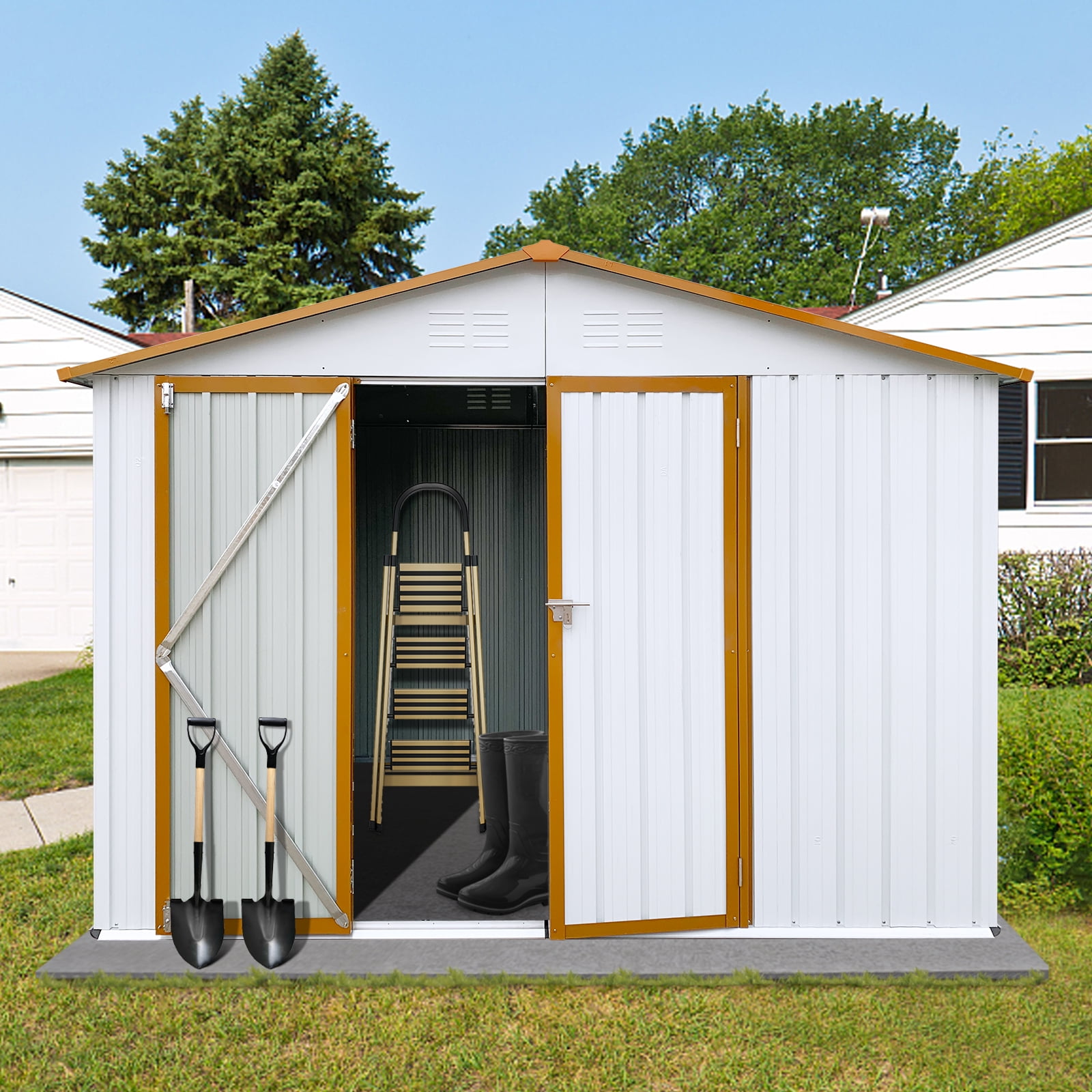 10 x 12 FT Metal Garden Sheds with Hinged Door and Padlock, Punched ...