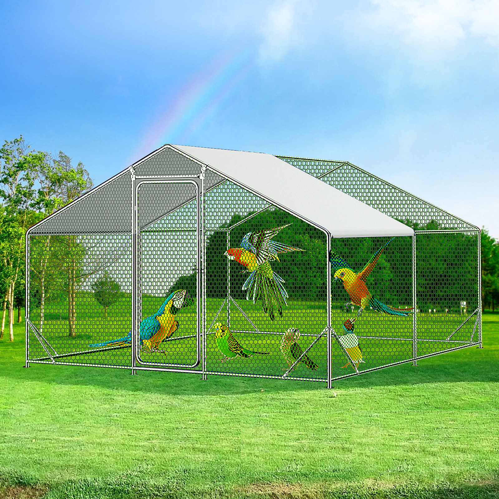 10' x 13' x 6.6' Large Metal Chicken Coop with Run for 20 Chickens ...