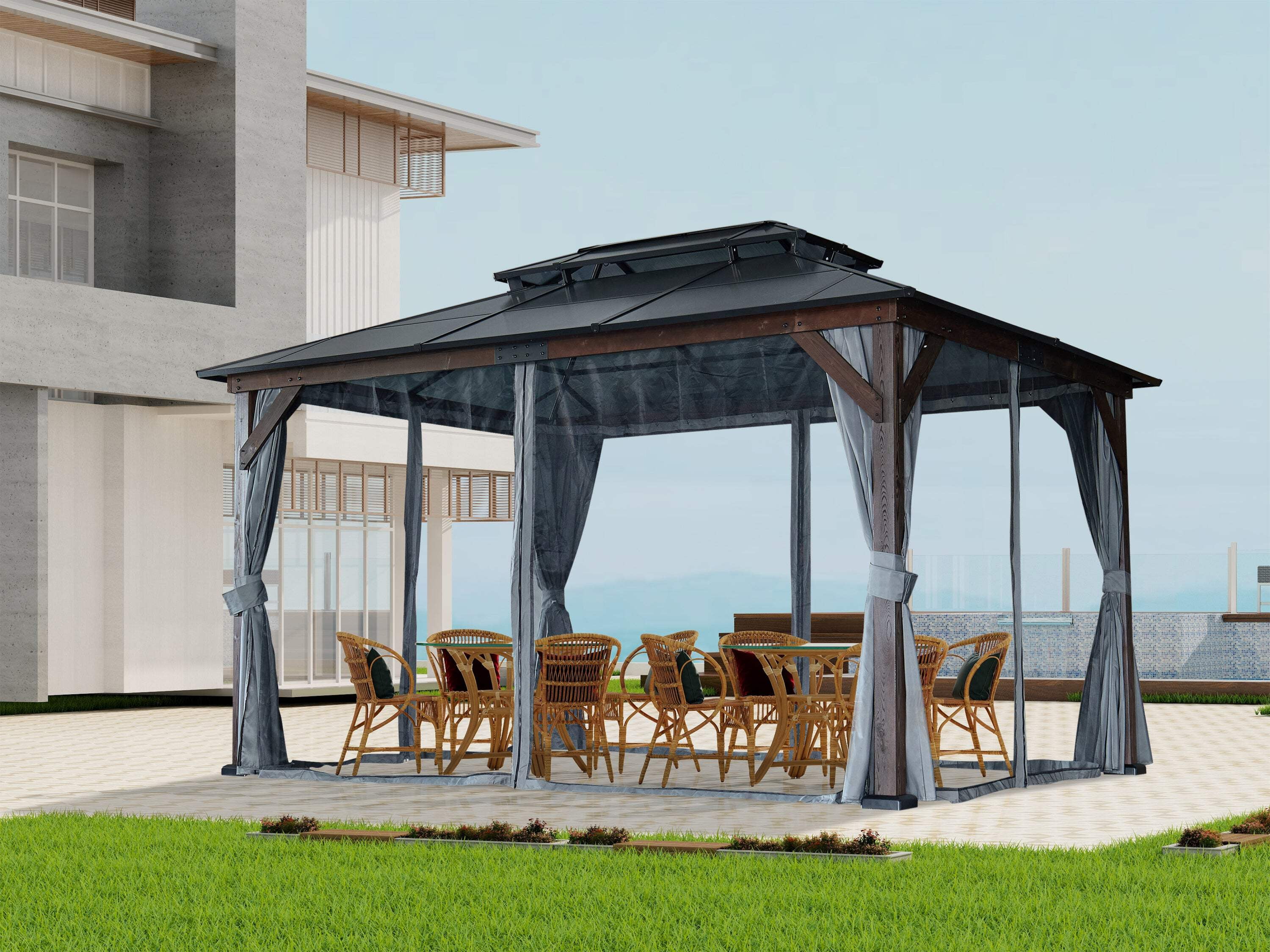 10' x 13' Hardtop Wood Gazebo for Patios, Outdoor Framed Gazebo with Polycarbonate Double Roof ...
