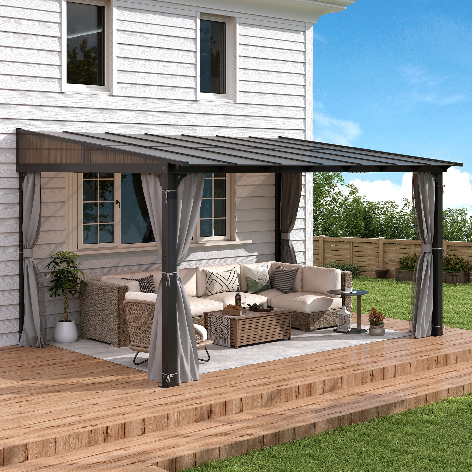 10 x 13FT Outdoor Wall-Mounted Hardtop Gazebo, Aluminum Frame Lean to ...