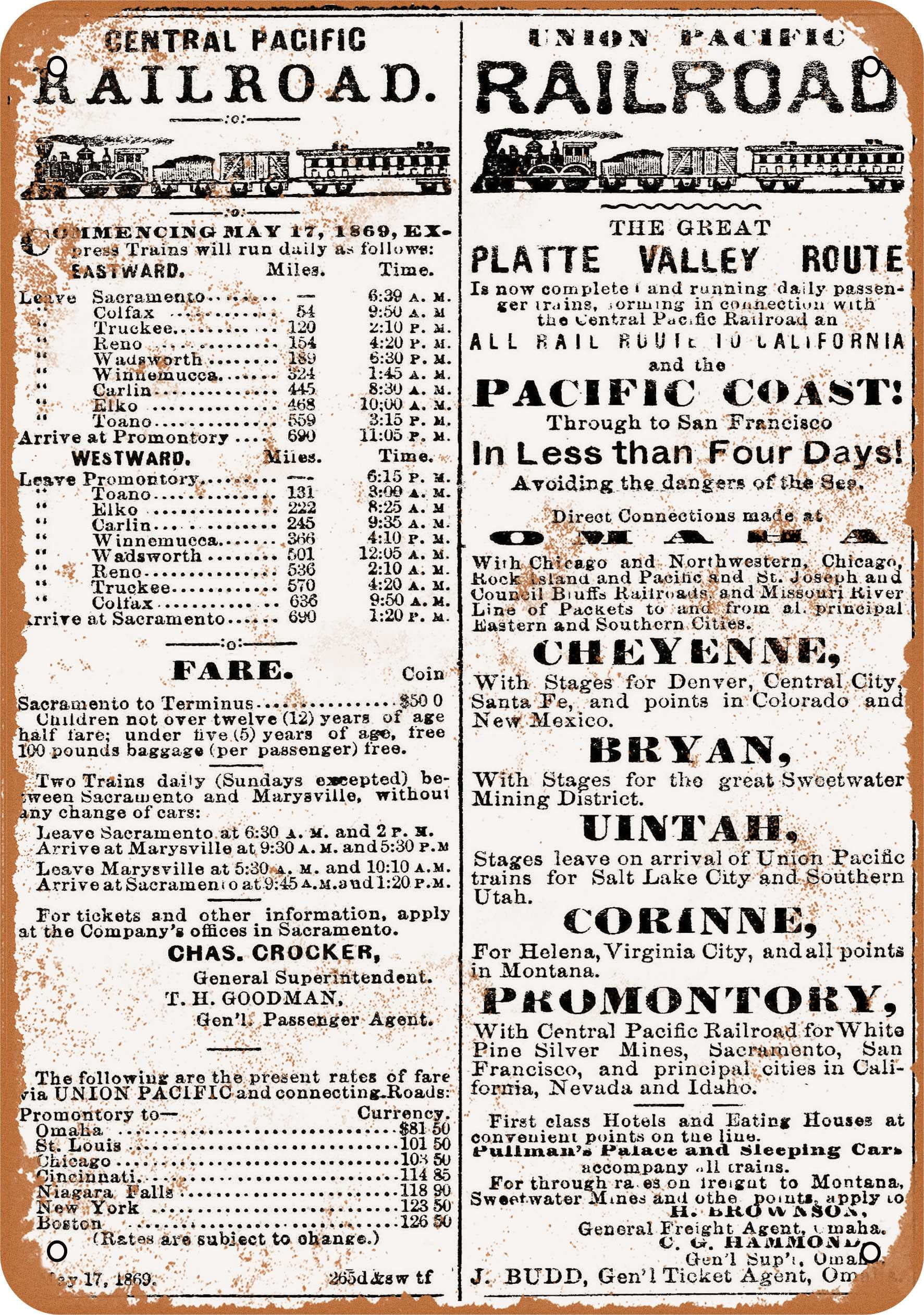 10 x 14 METAL SIGN - 1869 Central Pacific & Union Pacific - Vintage ...