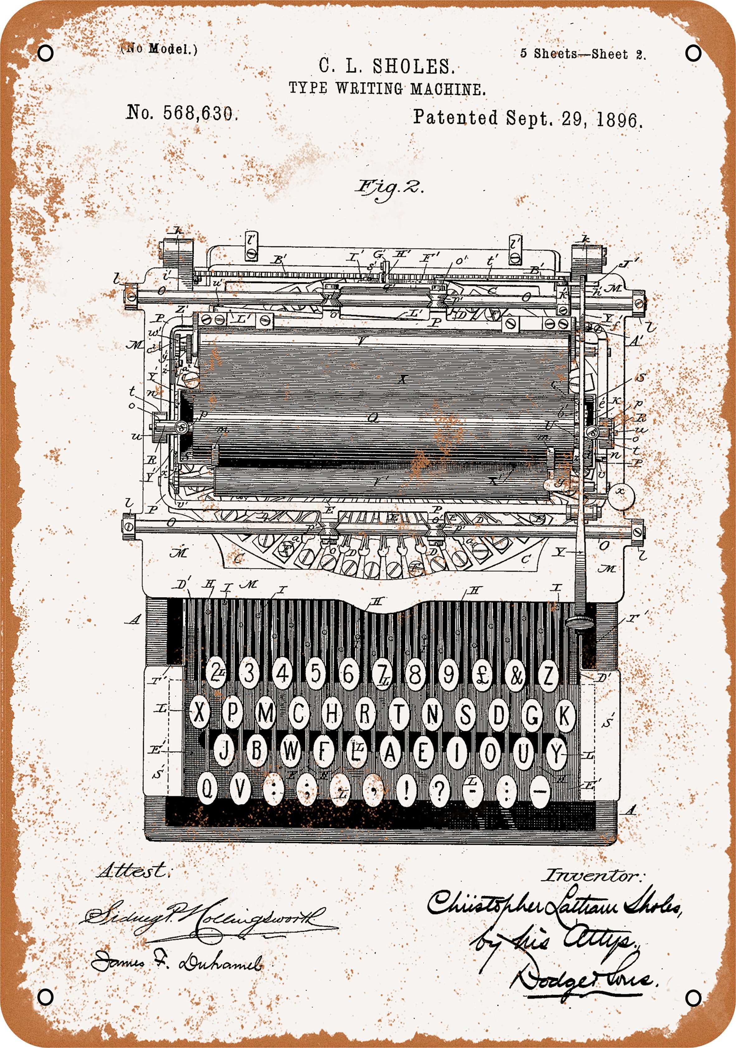10 x 14 METAL SIGN - 1896 Typewriter Patent - Vintage Rusty Look ...