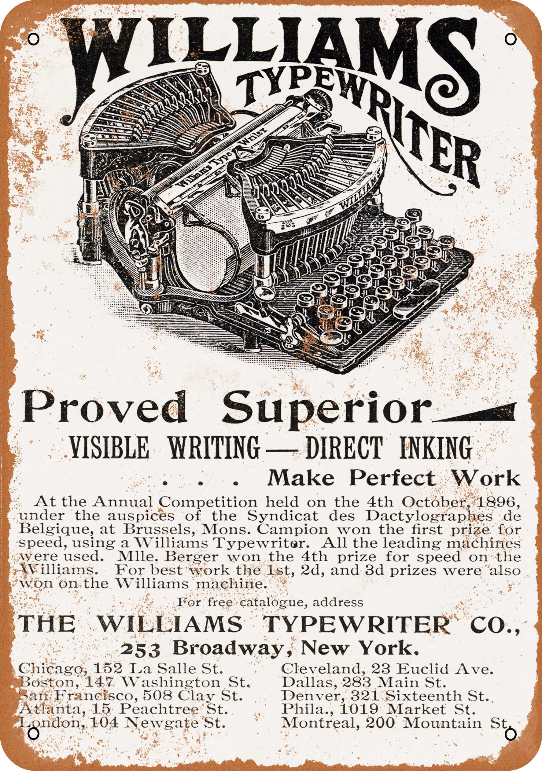 10 x 14 METAL SIGN - 1896 Williams Typewriter - Vintage Rusty Look ...