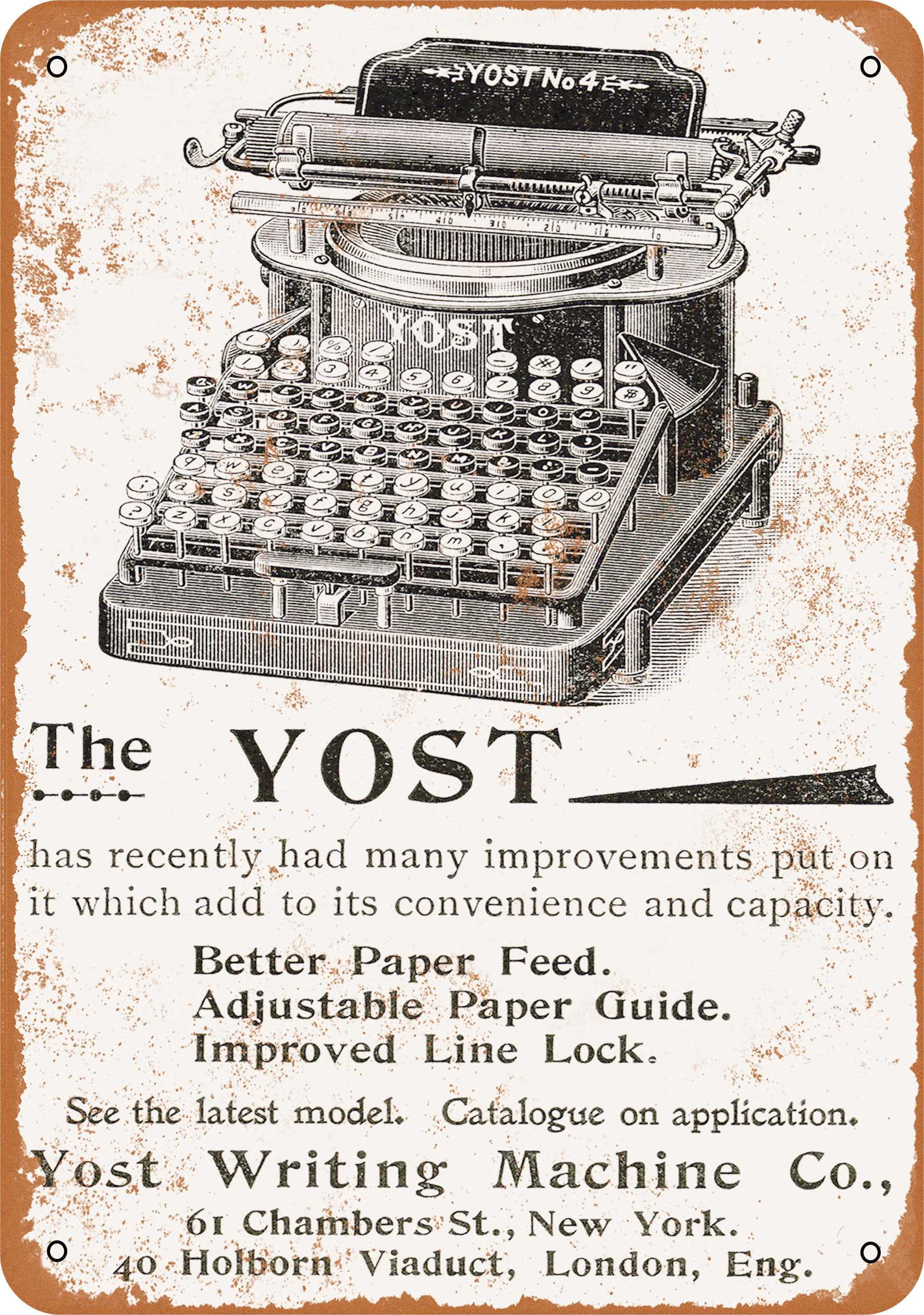 10 x 14 METAL SIGN - 1896 Yost Typewriters - Vintage Rusty Look ...
