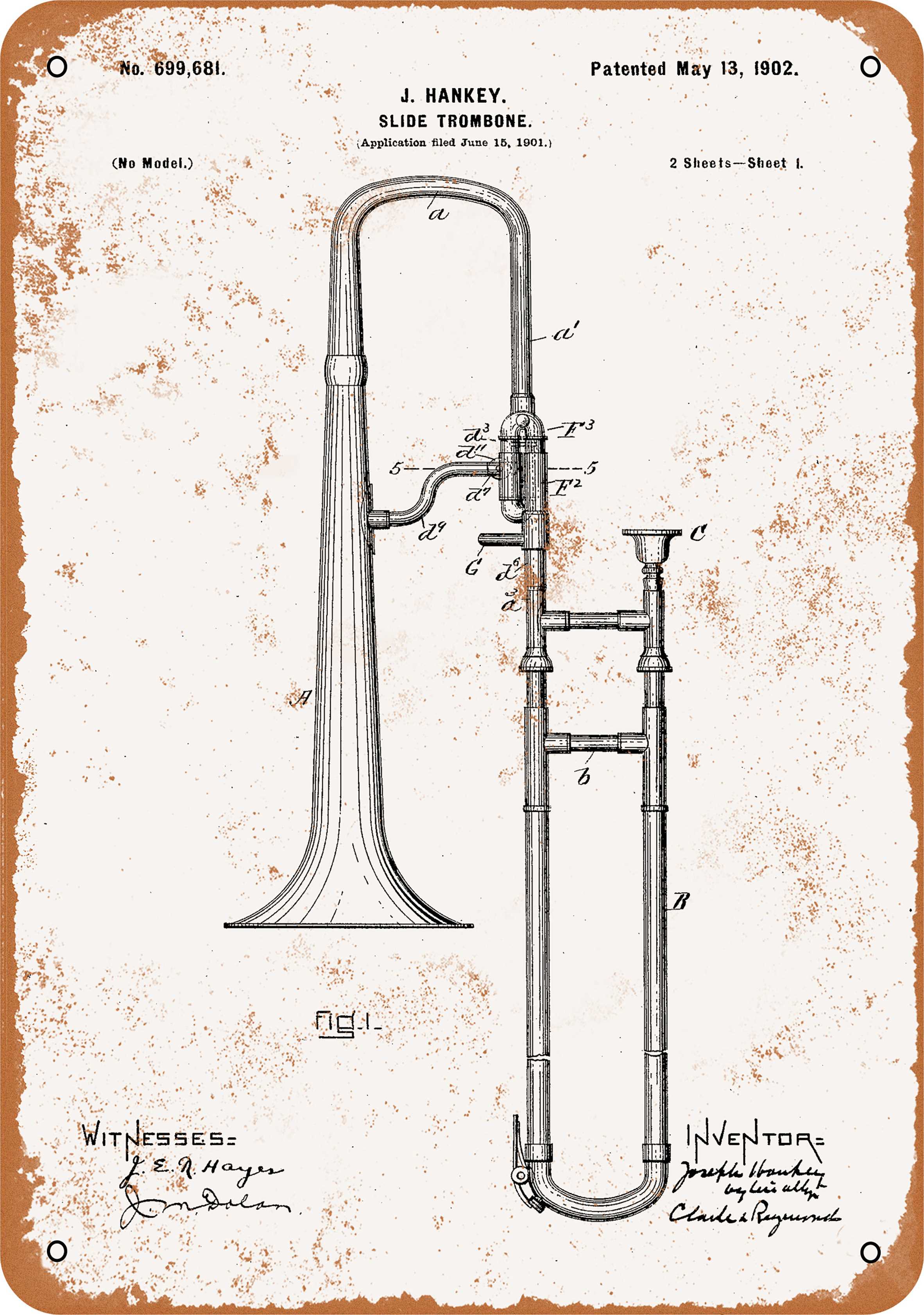 10 x 14 METAL SIGN - 1902 Slide Trombone Patent - Vintage Rusty Look ...