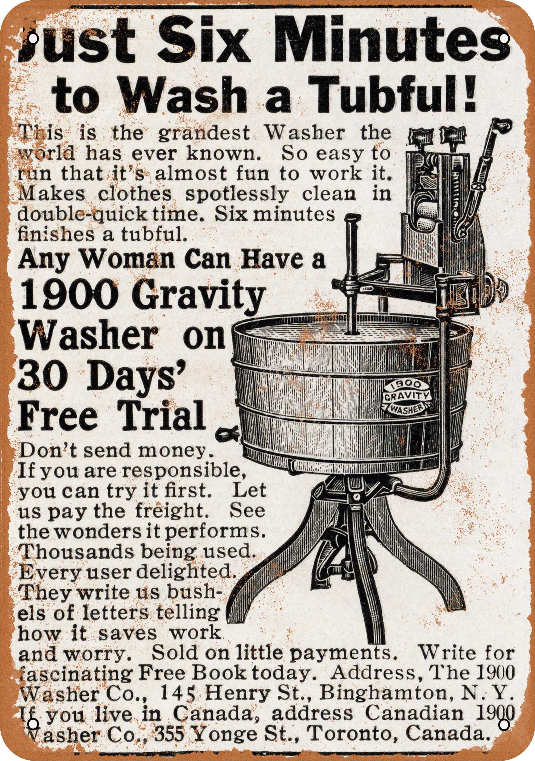 10 x 14 METAL SIGN - 1909 Gravity Tub Washing Machine - Vintage Rusty ...