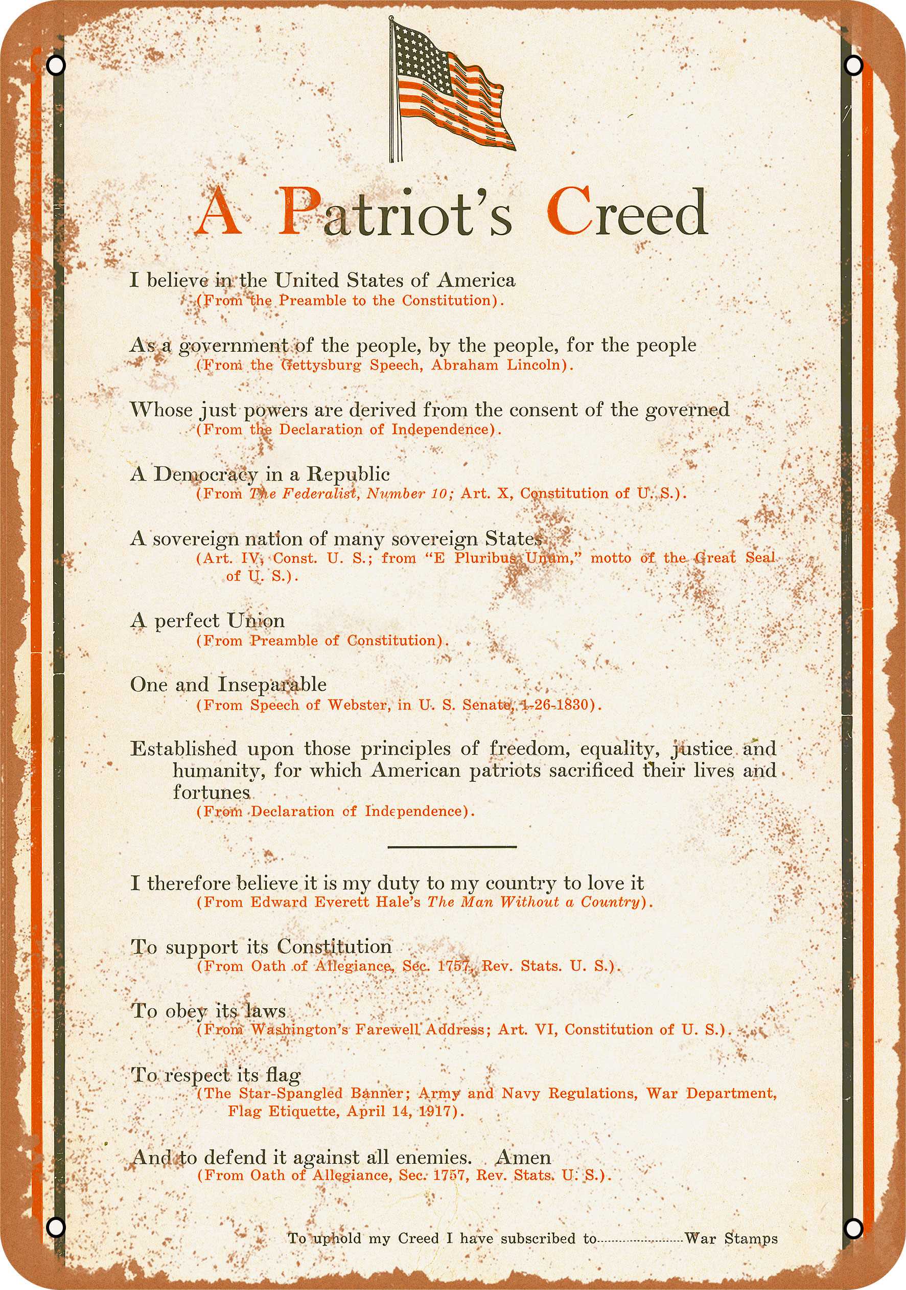 10 x 14 METAL SIGN - 1918 War Stamps A Patriot's Creed - Vintage Rusty ...