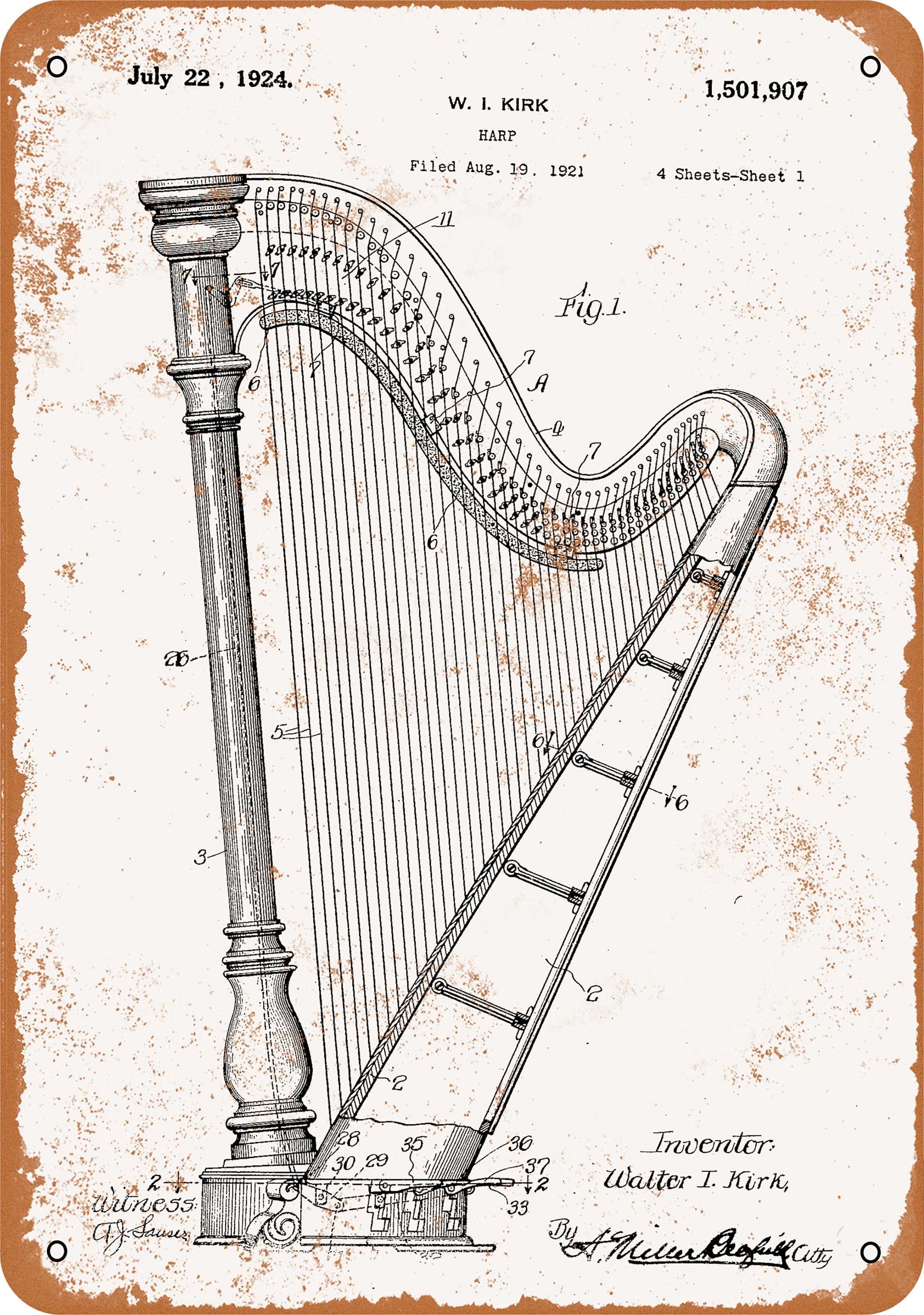 10 x 14 METAL SIGN - 1924 Concert Harp Patent - Vintage Rusty Look ...