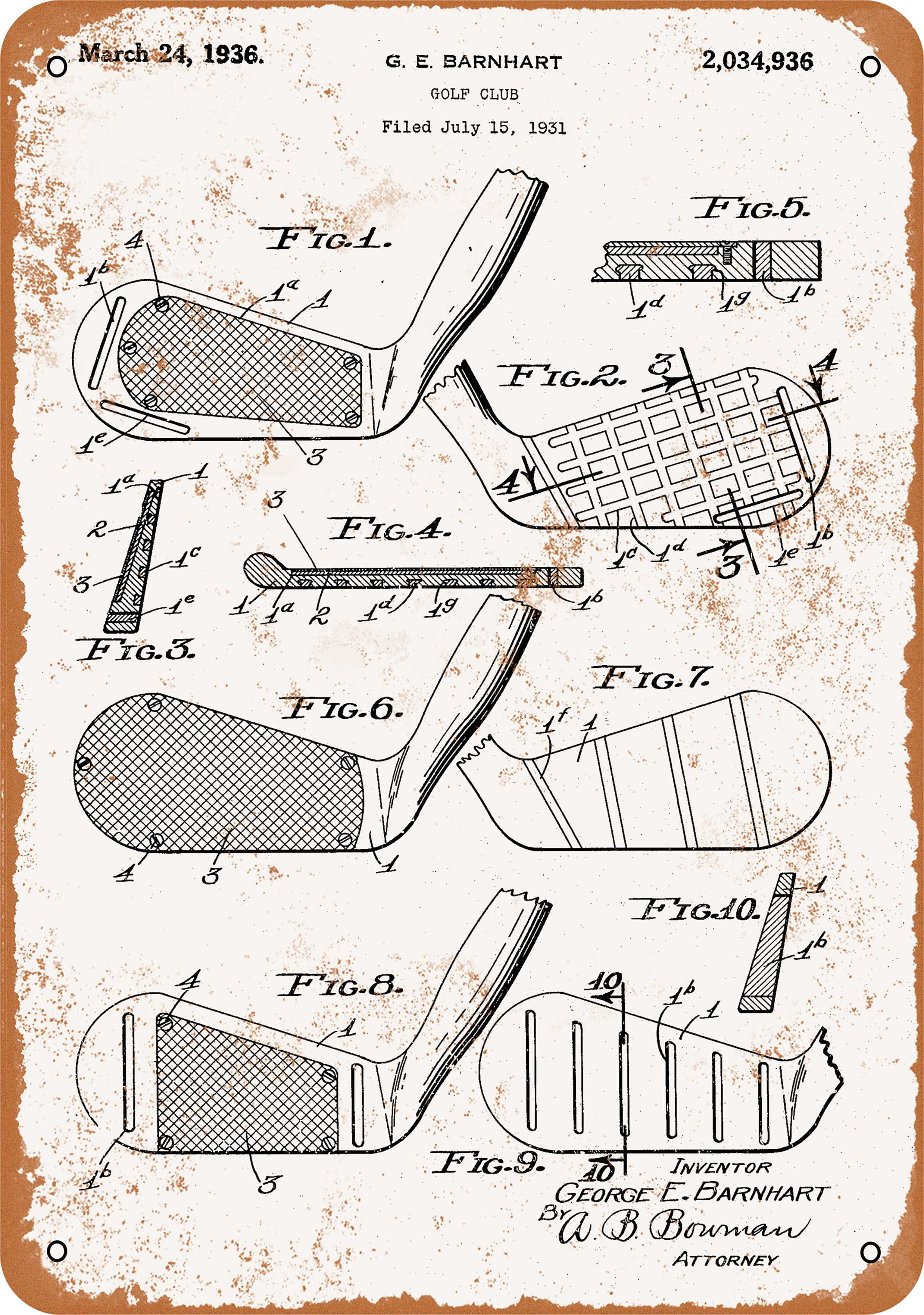 10 x 14 METAL SIGN - 1936 Golf Irons Clubs Patent - Vintage Rusty Look ...