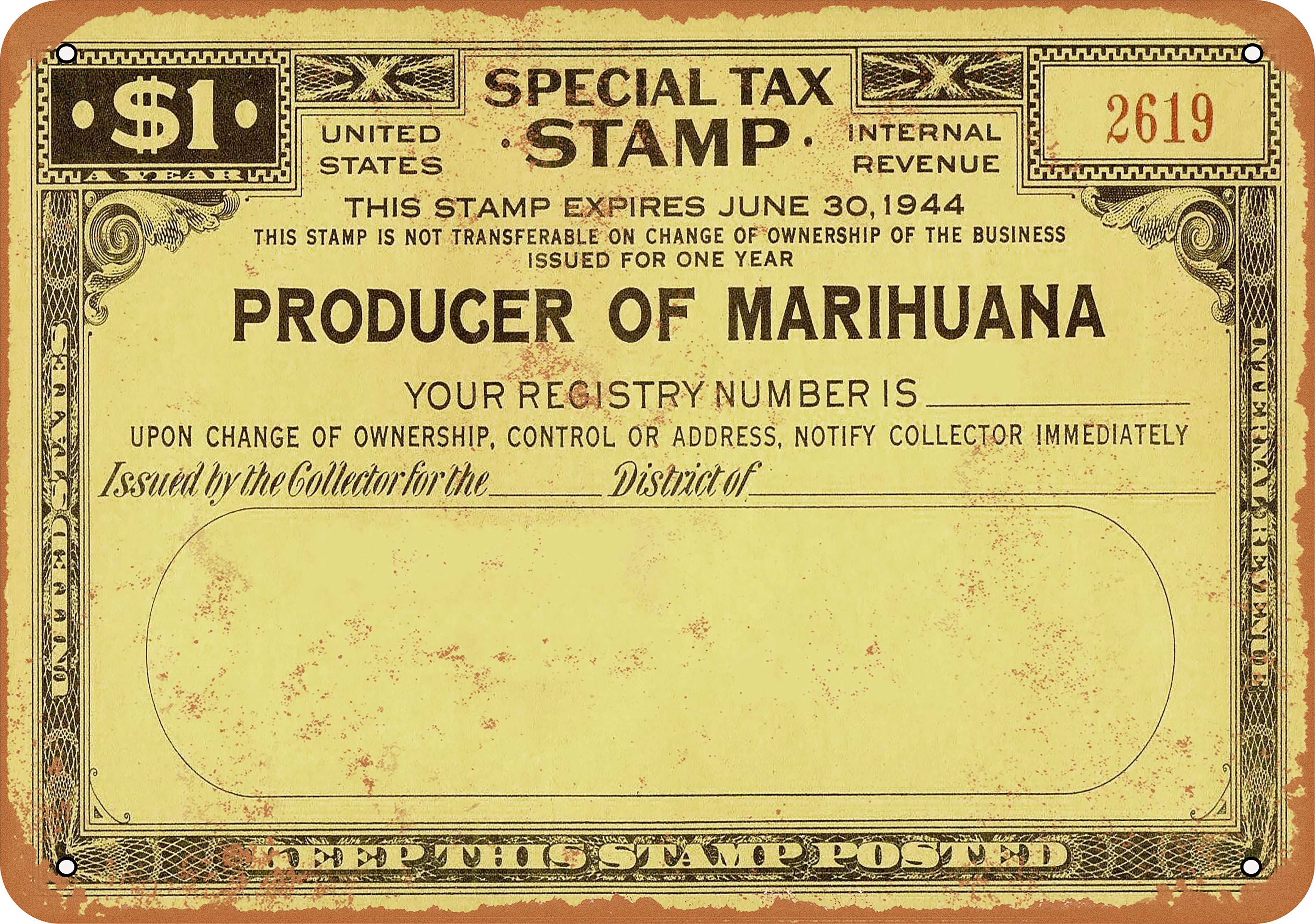 10 x 14 METAL SIGN - 1937 IRS Marijuana One Dollar Tax Stamp - Vintage ...