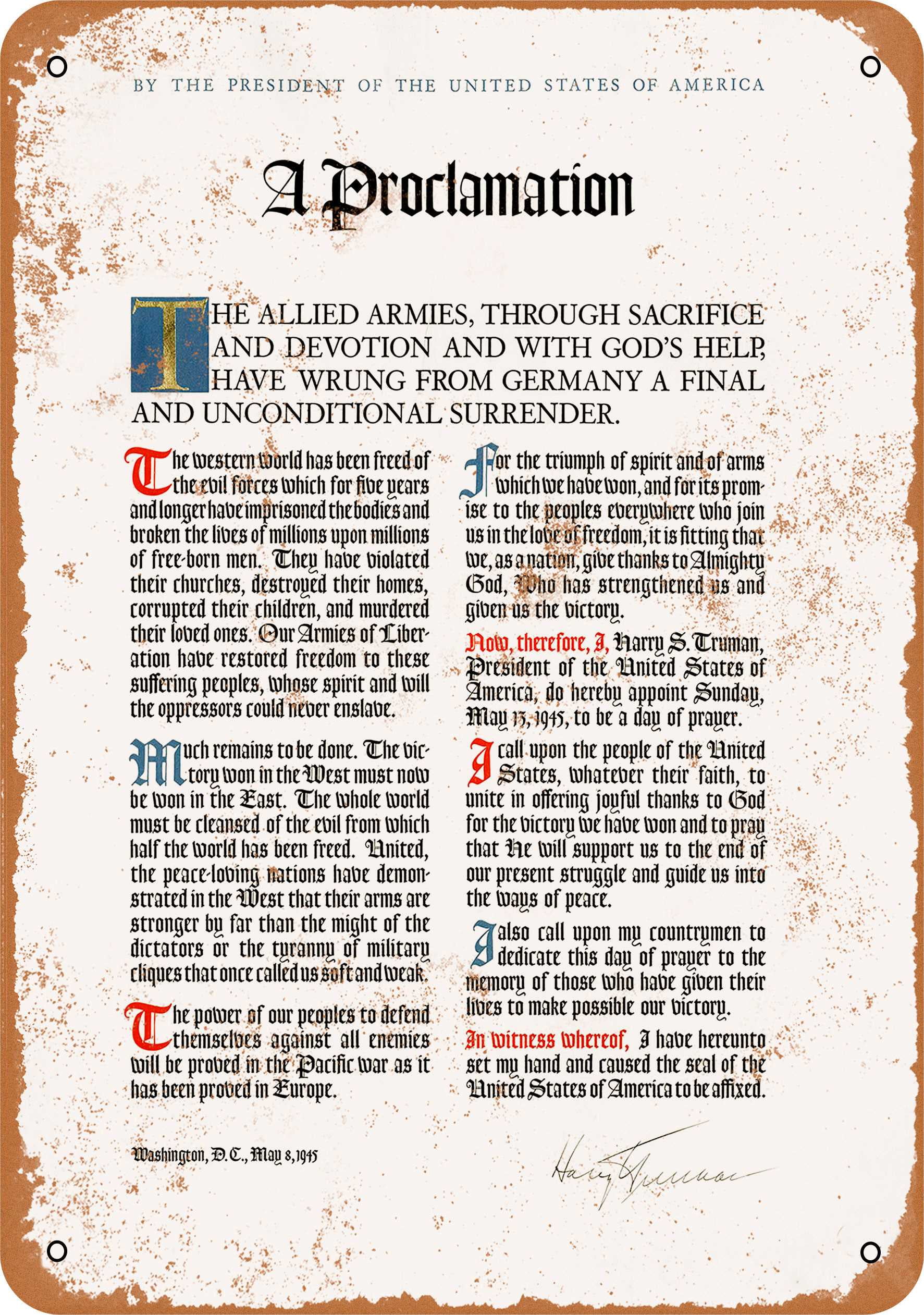 10 x 14 METAL SIGN - 1945 Harry Truman WWII Victory Proclamation ...