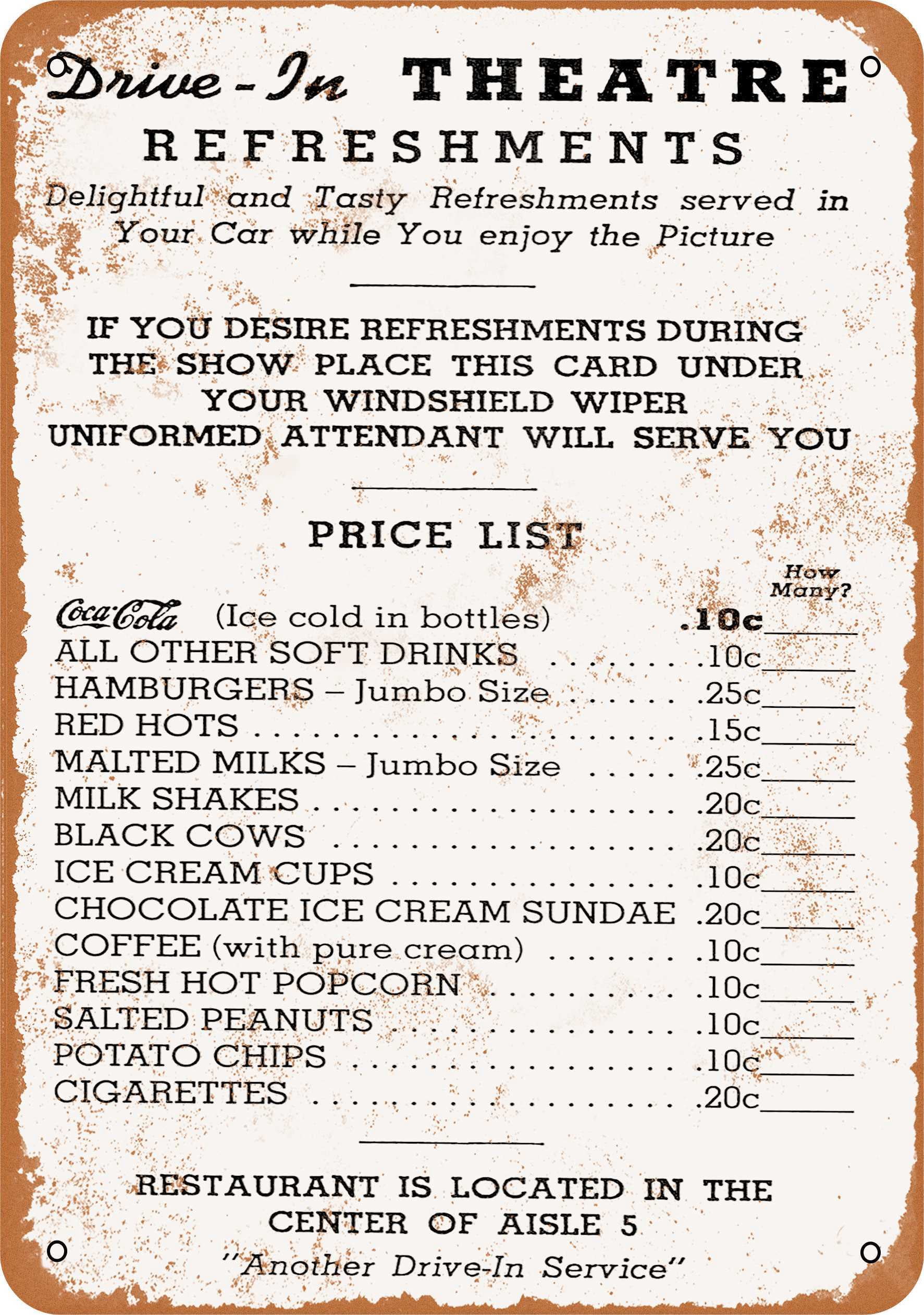 10 x 14 METAL SIGN - 1950 Drive In Theater Menu - Vintage Rusty Look ...