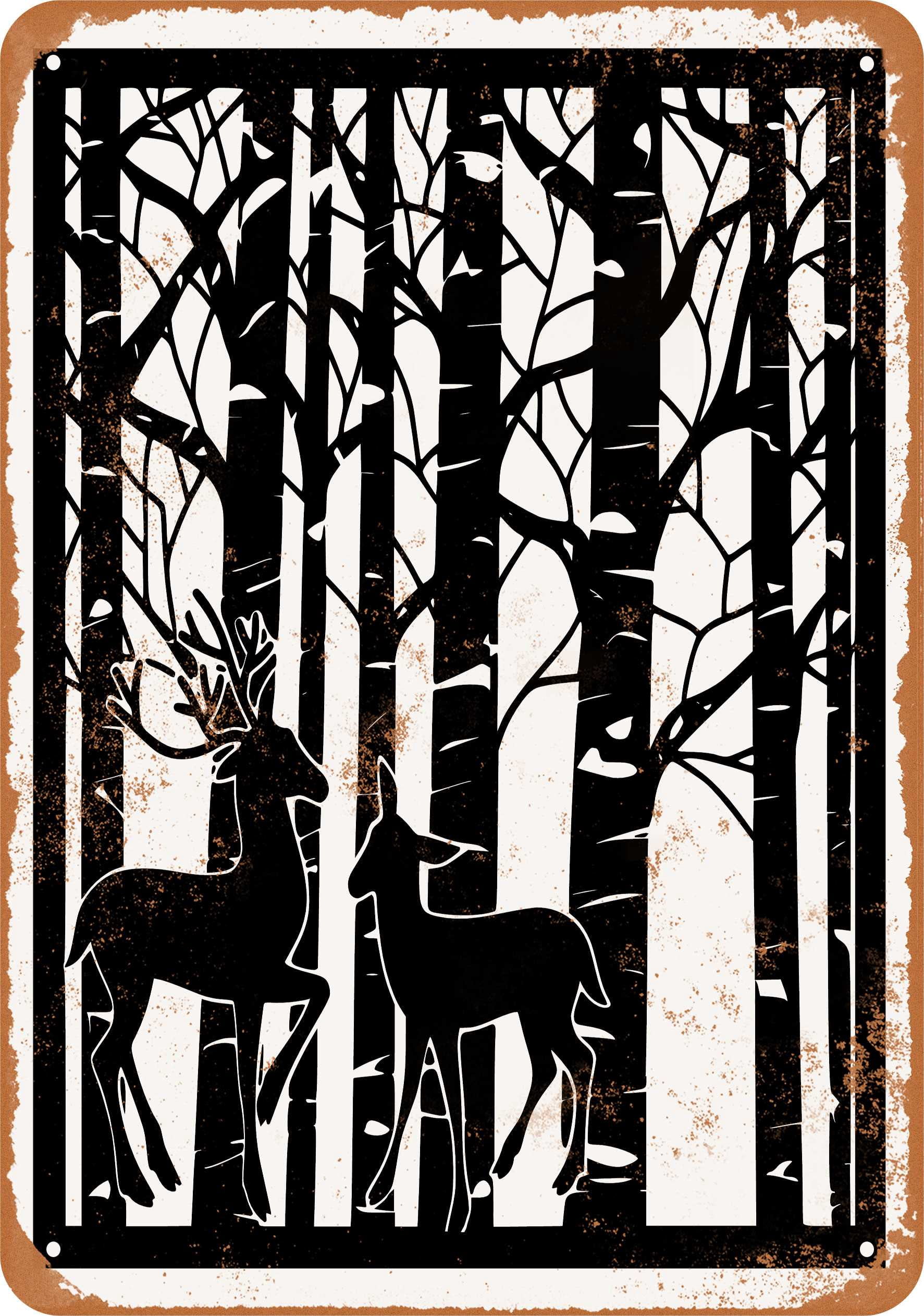 10 x 14 METAL SIGN - Birch Tree Deer (Dark Background) - Vintage Rusty ...
