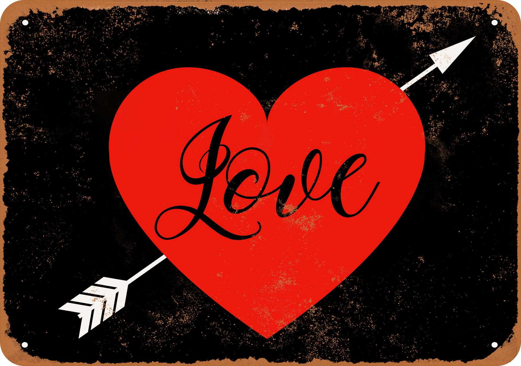 10 x 14 METAL SIGN - Love Heart Arrow (Dark Background) - Vintage Rusty ...