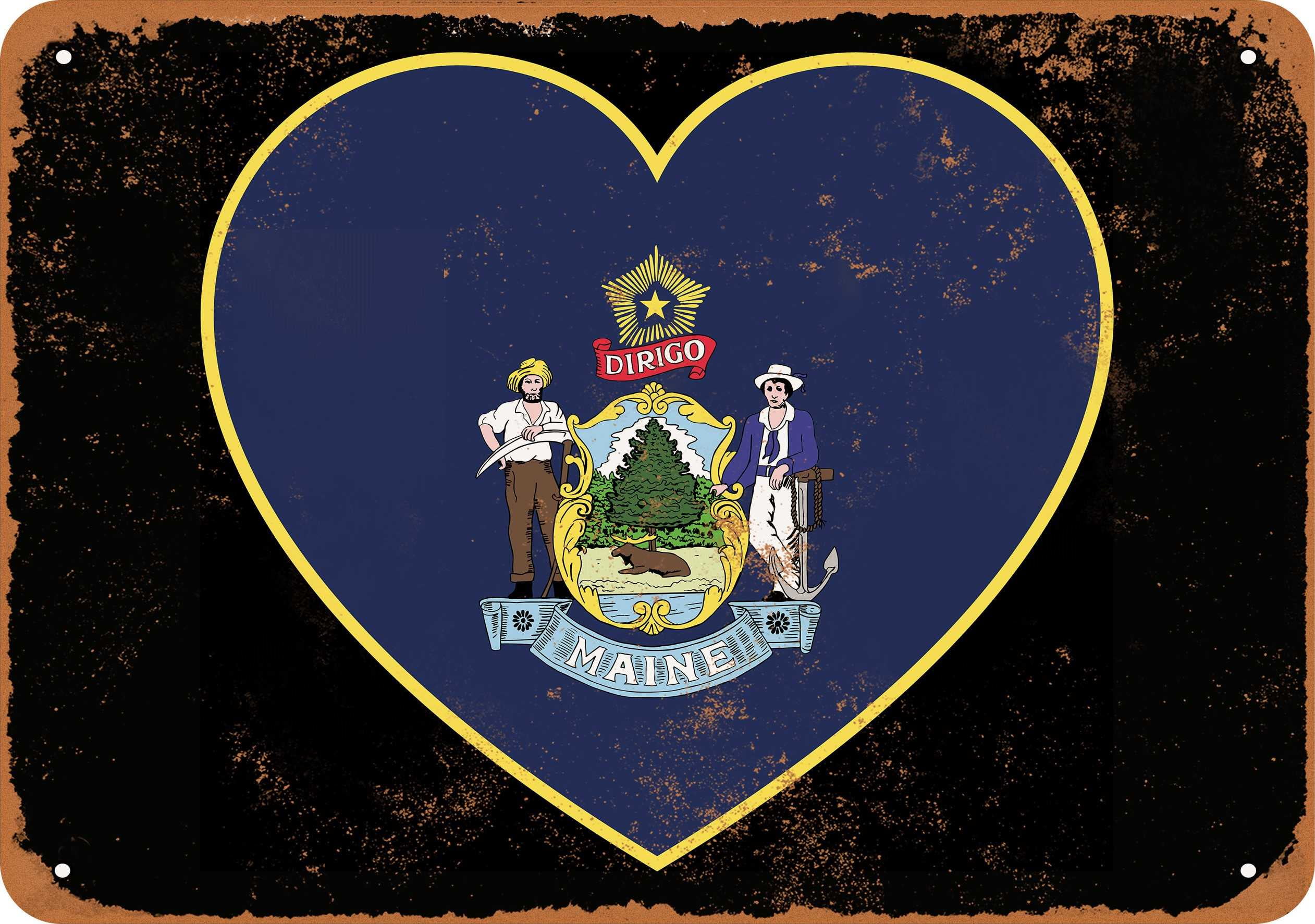 10 x 14 METAL SIGN - Maine Heart Flag (Dark Background) - Vintage Rusty ...
