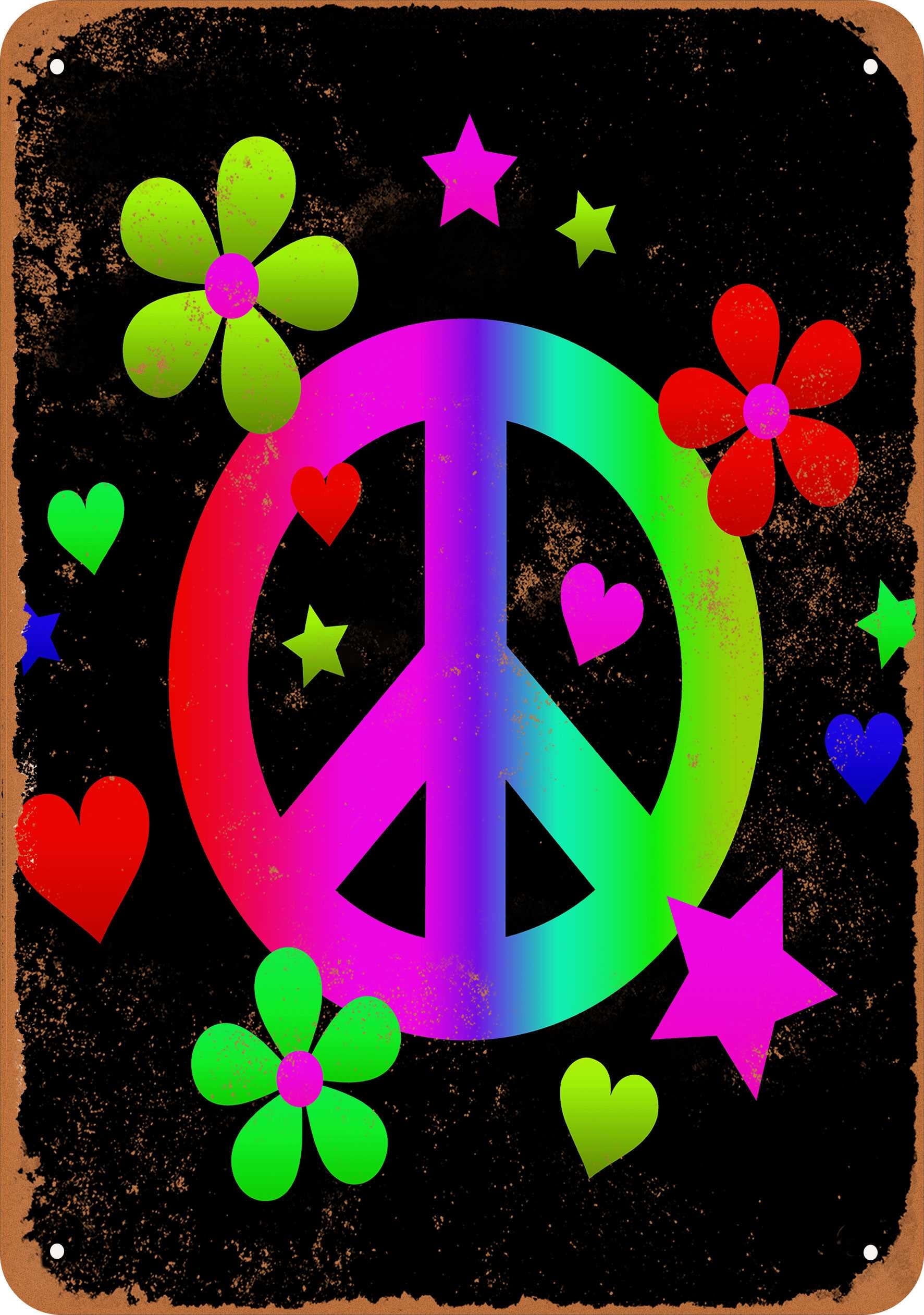 10 x 14 METAL SIGN - Rainbow Peace Sign and Flowers - Vintage Rusty ...