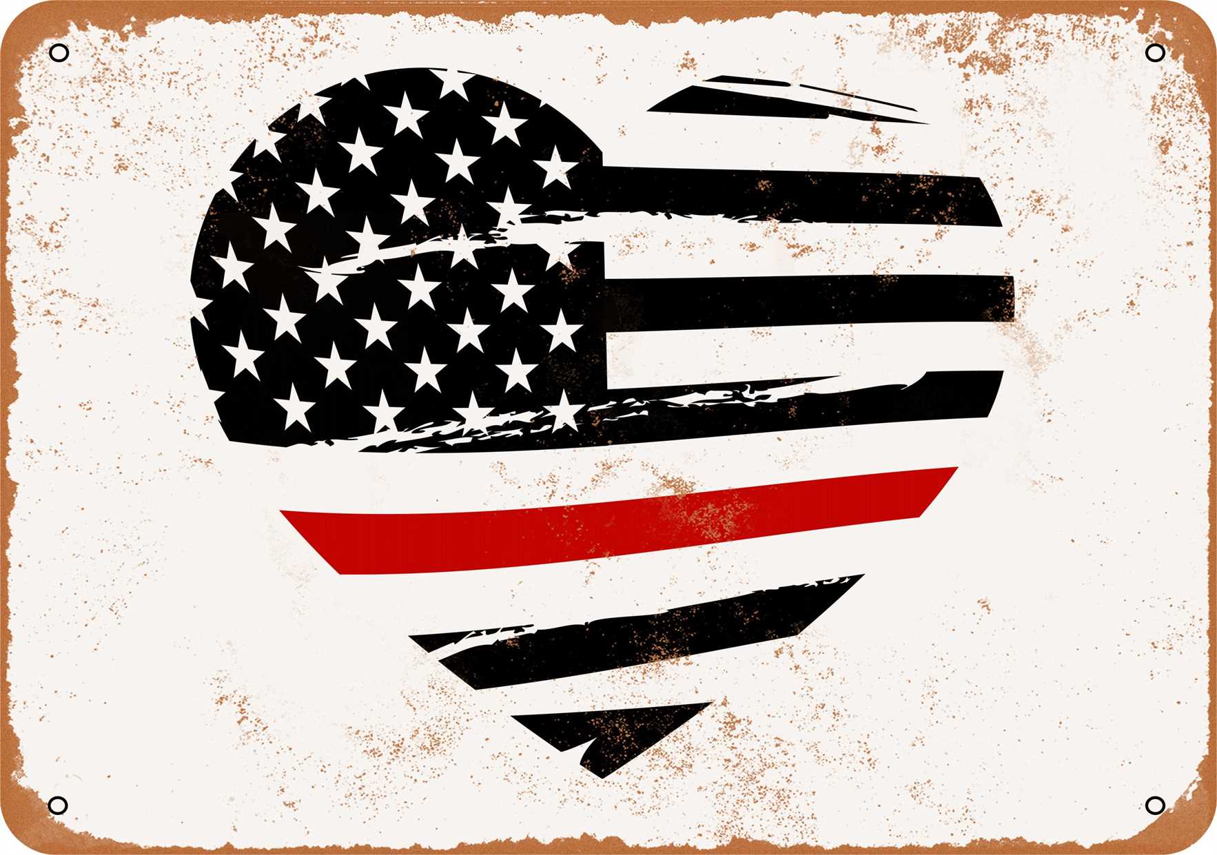 10 x 14 METAL SIGN - Red Line Heart Flag Firefighter - Vintage Rusty ...