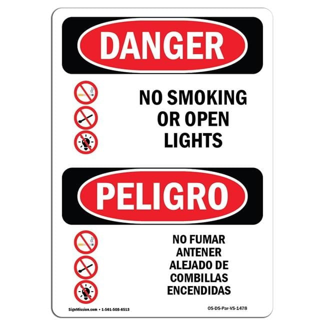 10 x 14 in. OSHA Danger Sign - No Smoking or Open Lights Bilingual ...