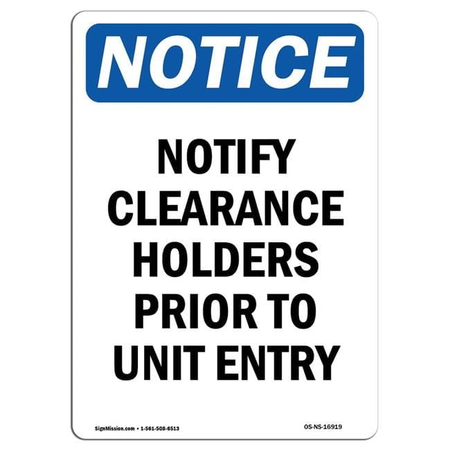 10 x 14 in. OSHA Notice Sign - Notify Clearance Holders Prior - Walmart.com