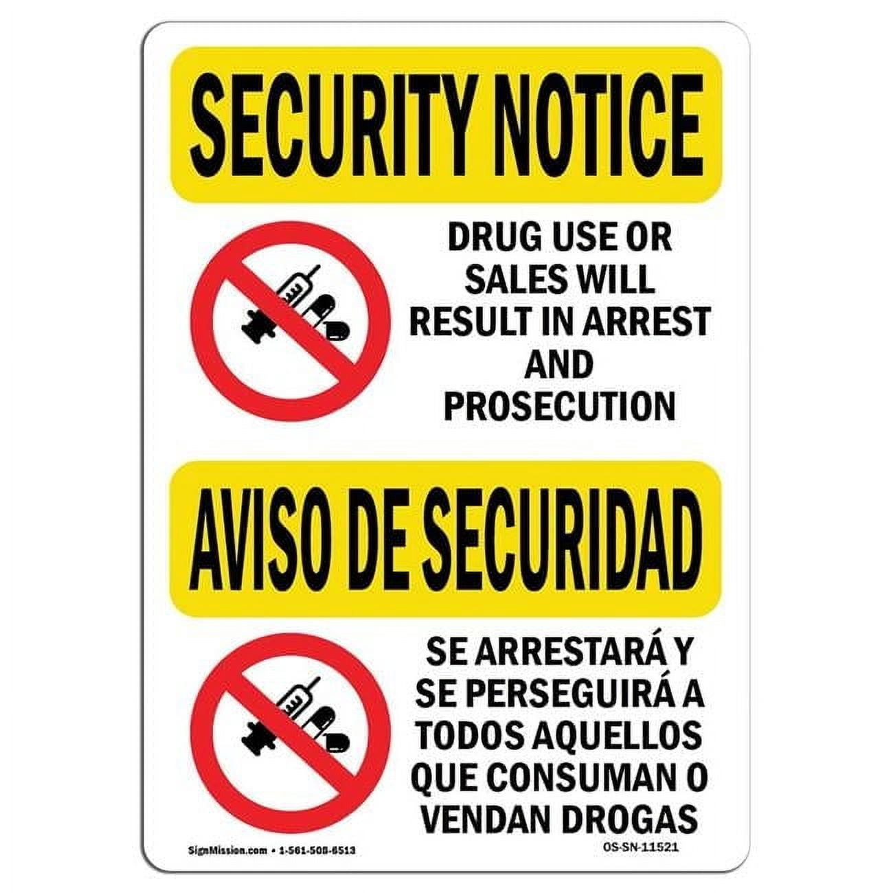 10 x 14 in. OSHA Security Notice Sign - Drug Use or Sales Bilingual ...