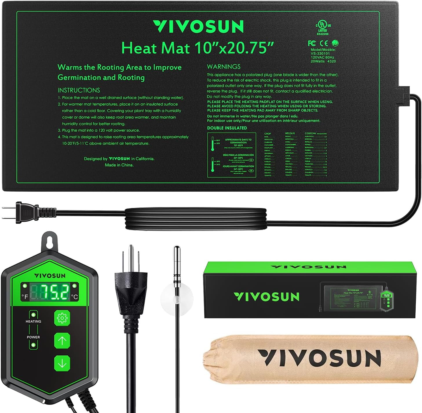 10"x 20.75" Seedling Heat Mat and Digital Thermostat Combo Set, UL ...
