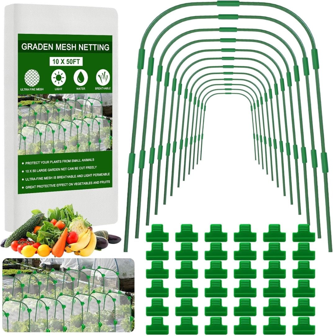 10 x 50ft Garden Mesh Netting Kit Plant Covers Greenhouse Hoops Grow ...
