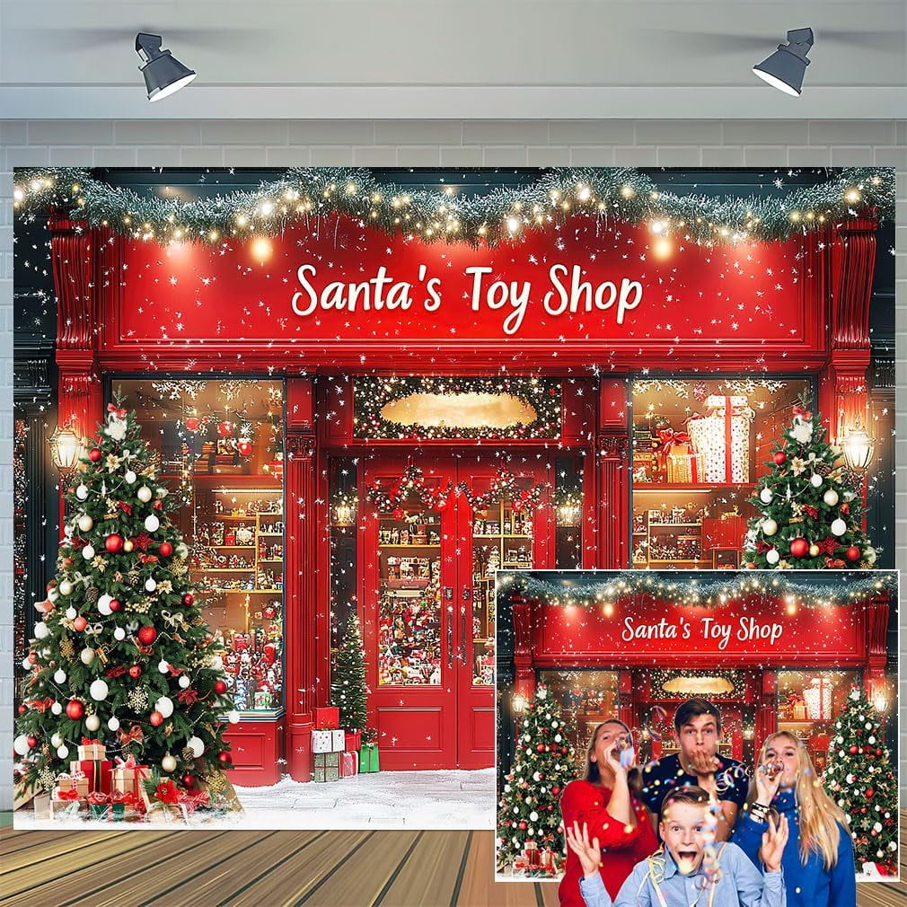 10 x 6.5 ft Red Christmas Photo Backdrop Santa's Toy Shop Photography ...