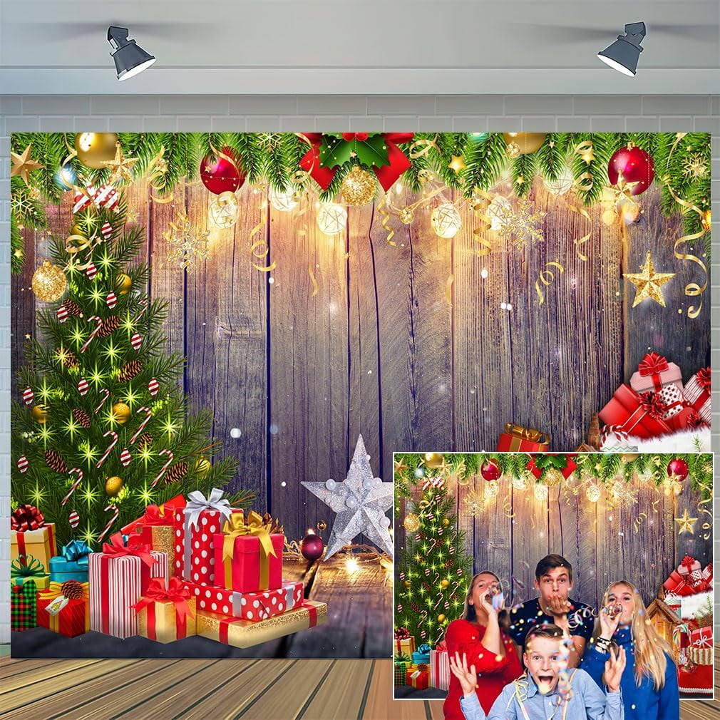 10 x 8 ft Christmas Backdrop Xmas Wood Wall Rustic Wooden Floor Sparkle ...