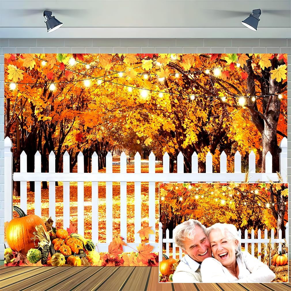 10 x 8 ft Fall Autumn Thanksgiving Backdrop Pumpkin Harvest Fence Maple ...