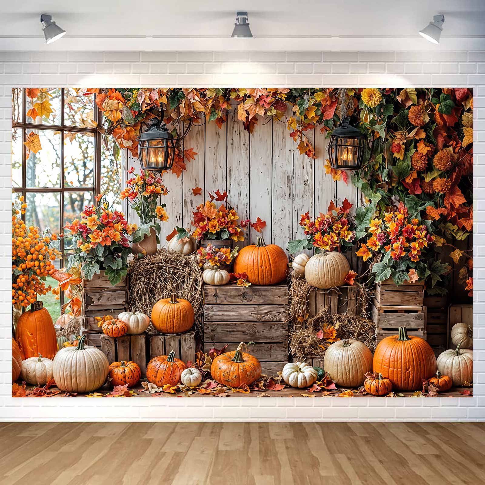 10 x 8 ft Fall Backdrop Autumn Pumpkin Rustic Wooden Floor Barn Harvest ...